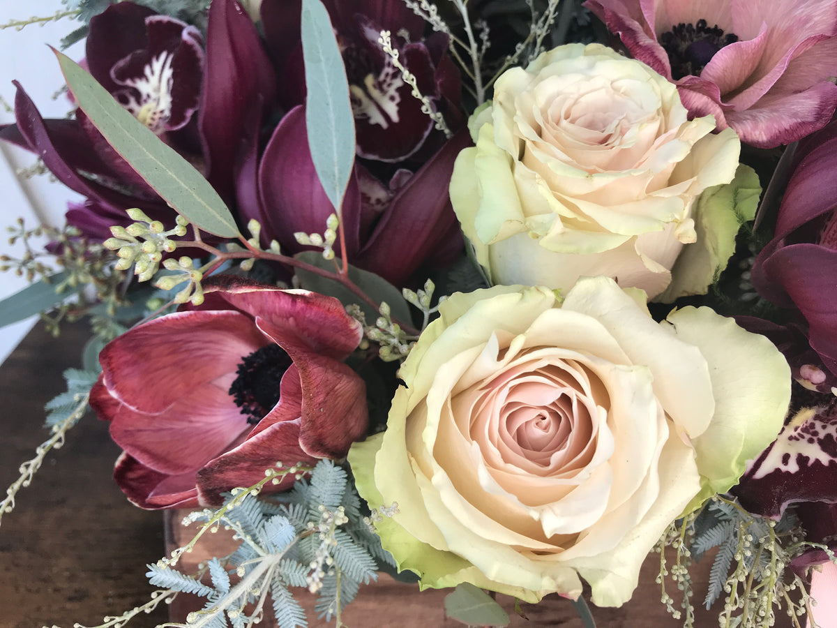 Skyler’s Burgundy Dream | Cream Roses, Burgundy Anemone & Orchids by ...
